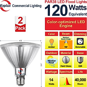 Explux Full Glass LED PAR38 Outdoor Flood Amber Light Bulbs, 120W Equivalent, Weatherproof & Anti-Ageing, Dimmable, Amber Color Spotlight, 2-Pack