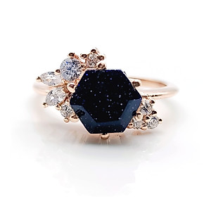 Rings For Women Hexagon Cut Blue Sandstone Ring Sterling Silver Vintage Unique Blue Sandstone Ring Beautiful Gift Wedding Ring BY FOREVER GEMS & JEWELS