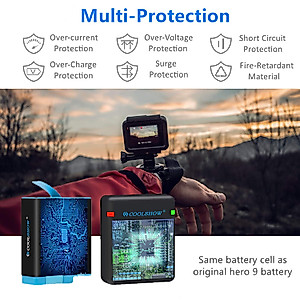 COOLSHOW Hero 9/10/11/12 Battery 2 Packs 1800mAh Replacement and Dual USB Hero 9/10/11/12 Charger Compatible with GoPro Hero 12 Black,HERO11 Black,HERO10 Black,HERO9 Black