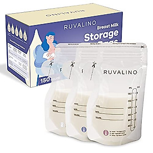 Breastmilk Storage Bag, RUVALINO Breastfeeding Essentials Breast Milk Storage Bags for Freezer, 150 Count, Temp-Sense Spot, Easy Pour Spout, Hygienically Double-Sealed, Self Standing&Lay Flat, 6 Oz