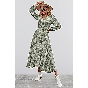 PRETTYGARDEN Women's Bohemian Dress Wrap V Neck Long Sleeve High Split Flowy Ruffle Floral Maxi Dress with Belt (Green, Medium)