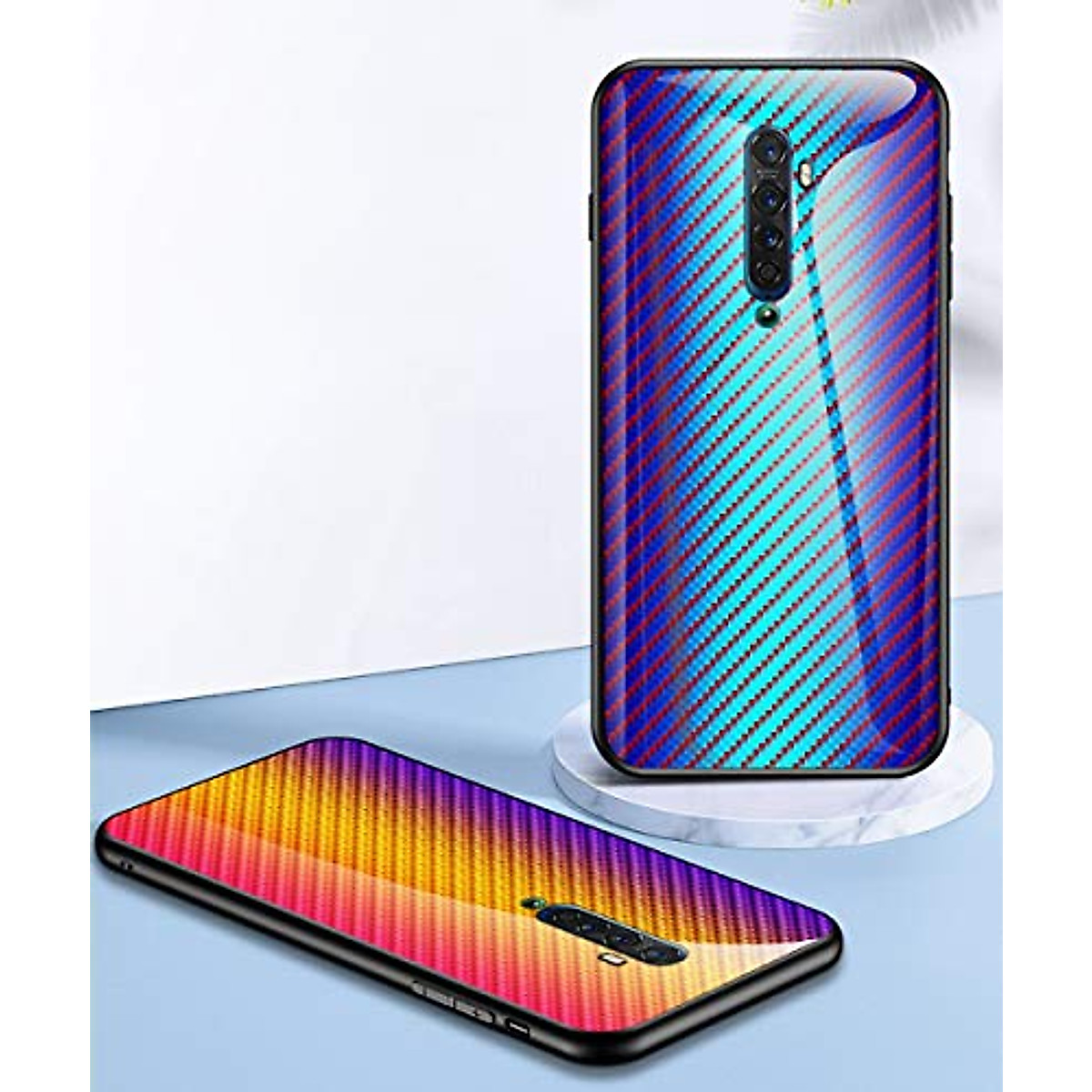 Grandcase Oppo Reno 2 Case,Ultra-Thin Advanced Carbon Fiber Texture Gradient Glass Box Scratch Resistant Tempered Glass Back Cover Case for Oppo Reno 2 6.5" -Gold