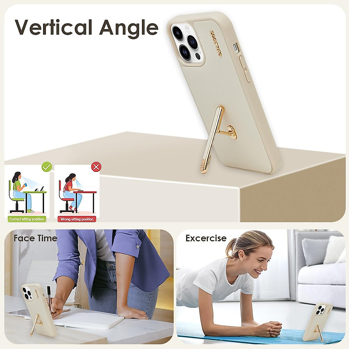 CUSTYPE Case for iPhone 13 Pro Max with Stand, Compatible with Wireless Charging, [2-Way Stand] Metal Kickstand,Slim Fit Leather Shockproof Protective Case for Apple 13 Pro Max 6.7inch Beige