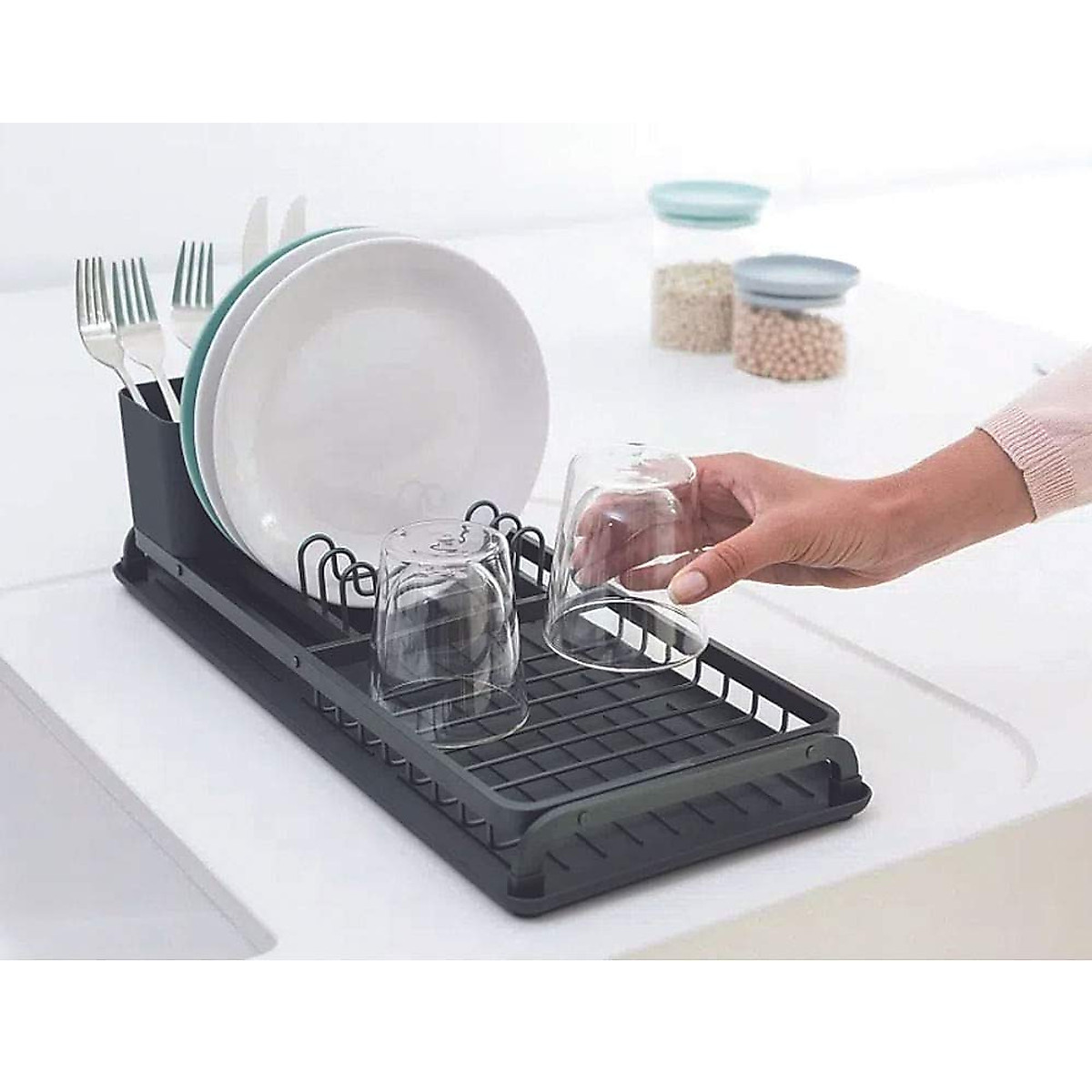 Brabantia Large Dish Drying Draining Rack (Light Gray) Plastic Easy-Clean Drip Tray & Removable Cutlery Basket