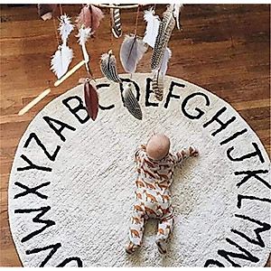 ABC Nursery Rugs Round Kids Rug Circle Alphabet Rug Kids Play Mat for Infants Boys Girls Soft Cotton Carpet Educational Area Rug 47inch (White)