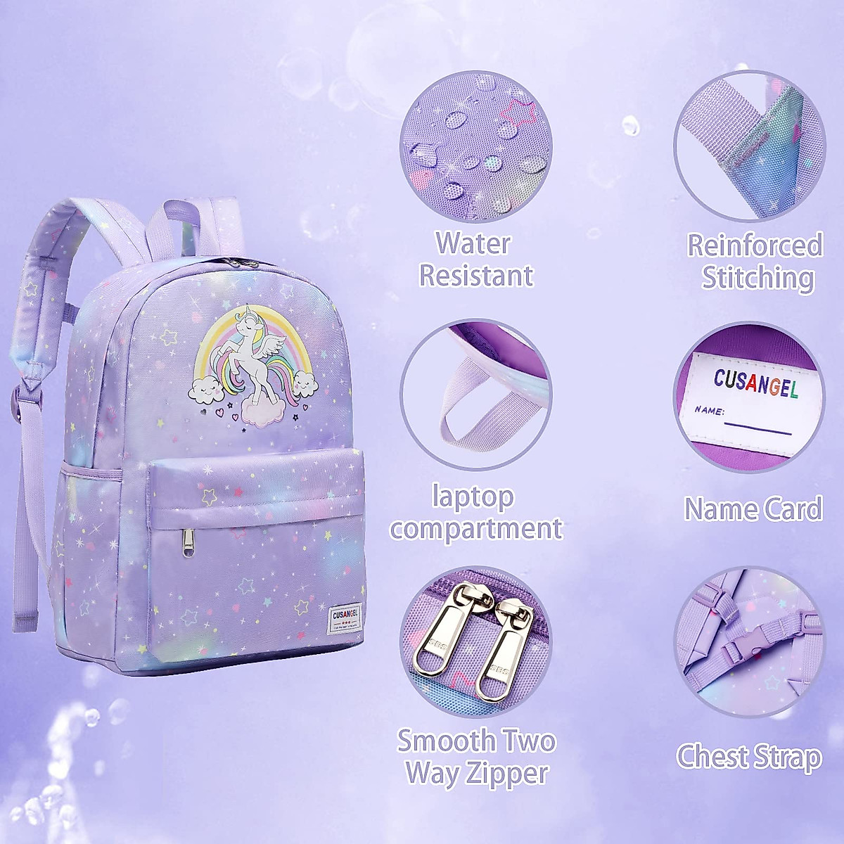 Cusangel Kids Backpack, Durable Cute Multi Compartment Toddler Preschool Elenemtary Backpack for Boys and Girls(Purple)