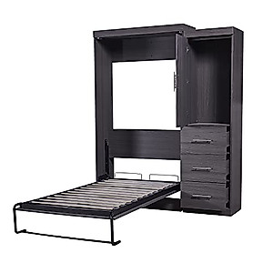 Merax Twin Size Murphy Bed with Wardrobe and 3 Storage Drawers, Pine Wood Multifunctional Storage Wall Bed, can be Folded into a Cabinet, Gray