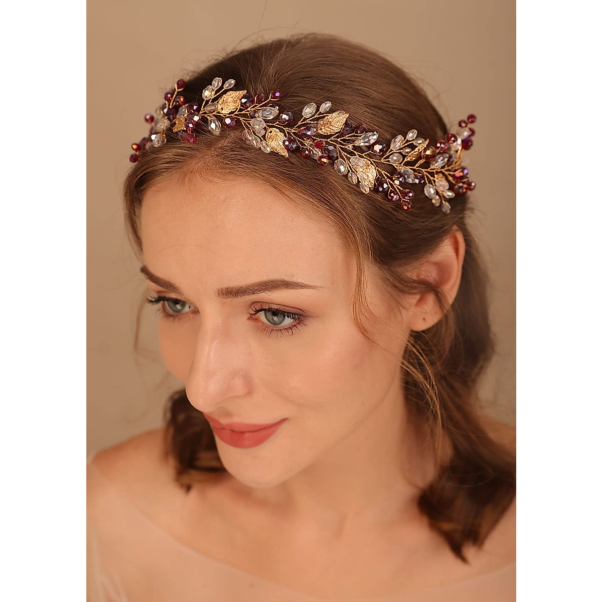 Denifery Red Hair Vine Crystal Wedding Headband - Fall Boho Bridal Hair Piece with Gold Leaf for Women and Girls