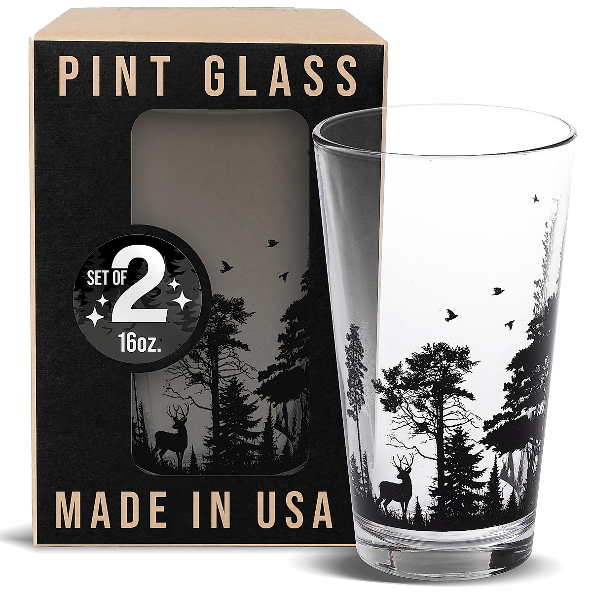 Black Lantern Handmade Themed Pint Glasses – Pint Glasses in Unique Designs for Craft Beer Enthusiasts and Home Bars - (Set of Two 16oz. Glasses) Forest and Animals Design