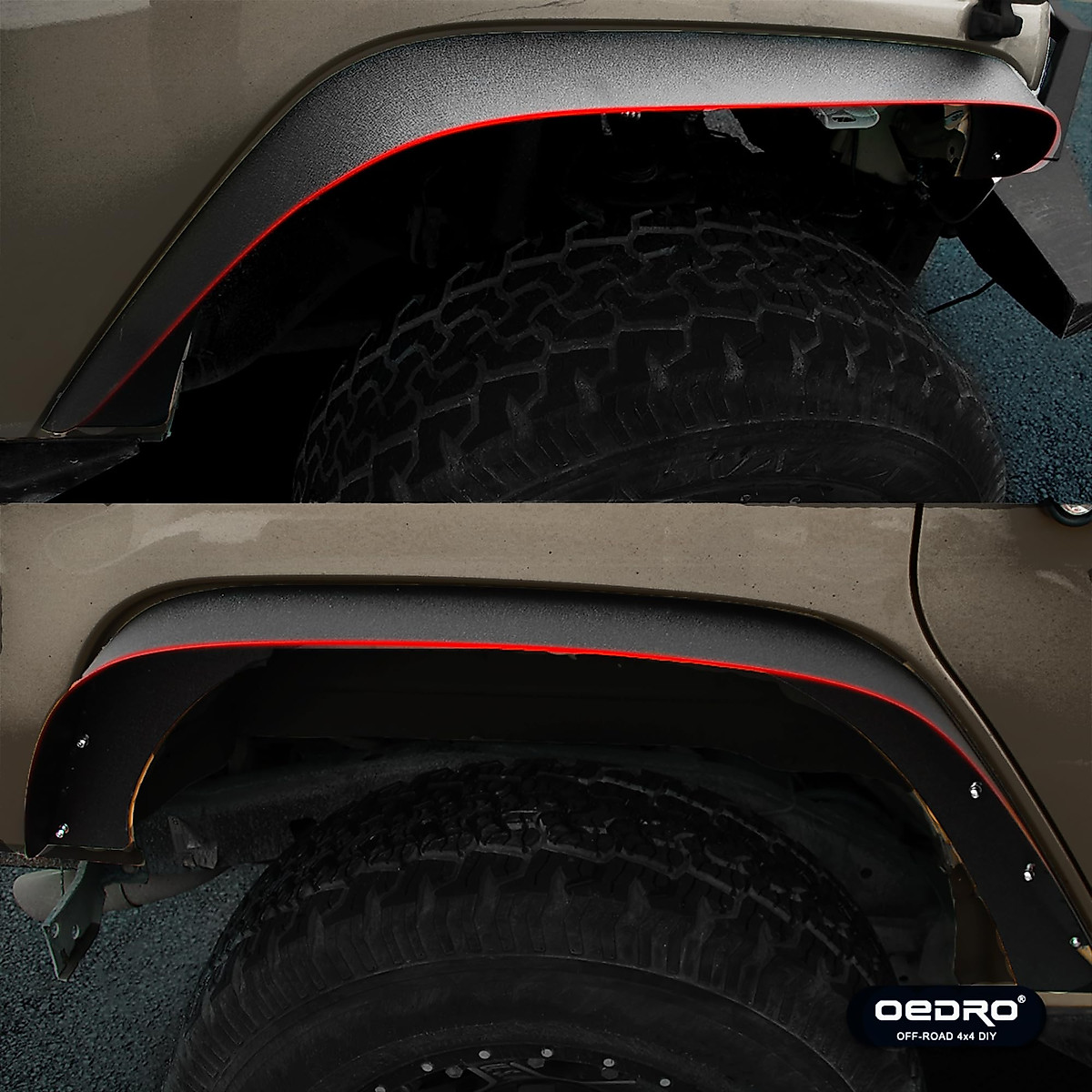 OEDRO Flat Front & Rear Fender Flares Compatible with 2007-2018 Jeep Wrangler JK & JKU Unlimited, 4 PCS Off-Road Steel Liner Set