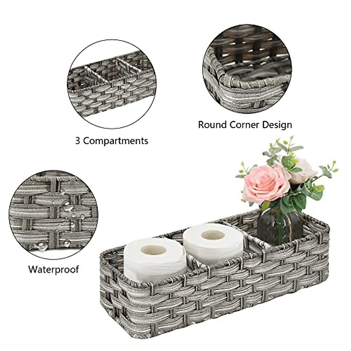 Bathroom Toilet Paper Basket, Natural Woven Wicker Toilet Tank Top Basket, Toilet Paper Holder Woven Basket 3 Section, Bathroom Storage Basket Bin Organizer, Toilet Tank Tray for Bathroom, Living room