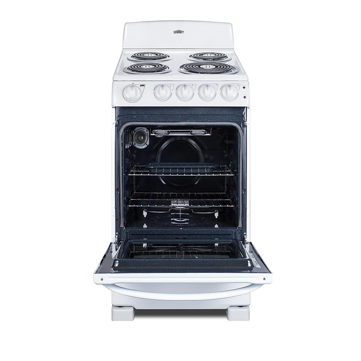 Summit 20" Electric Range, 220V 4 Burner Range, 2.3 cu.ft. oven, White- RE203W