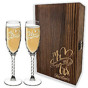 Personalized Mr & Mrs Toasting Glass Set - Engraved Wooden Box Included -Custom Engagement & Anniversary Gift