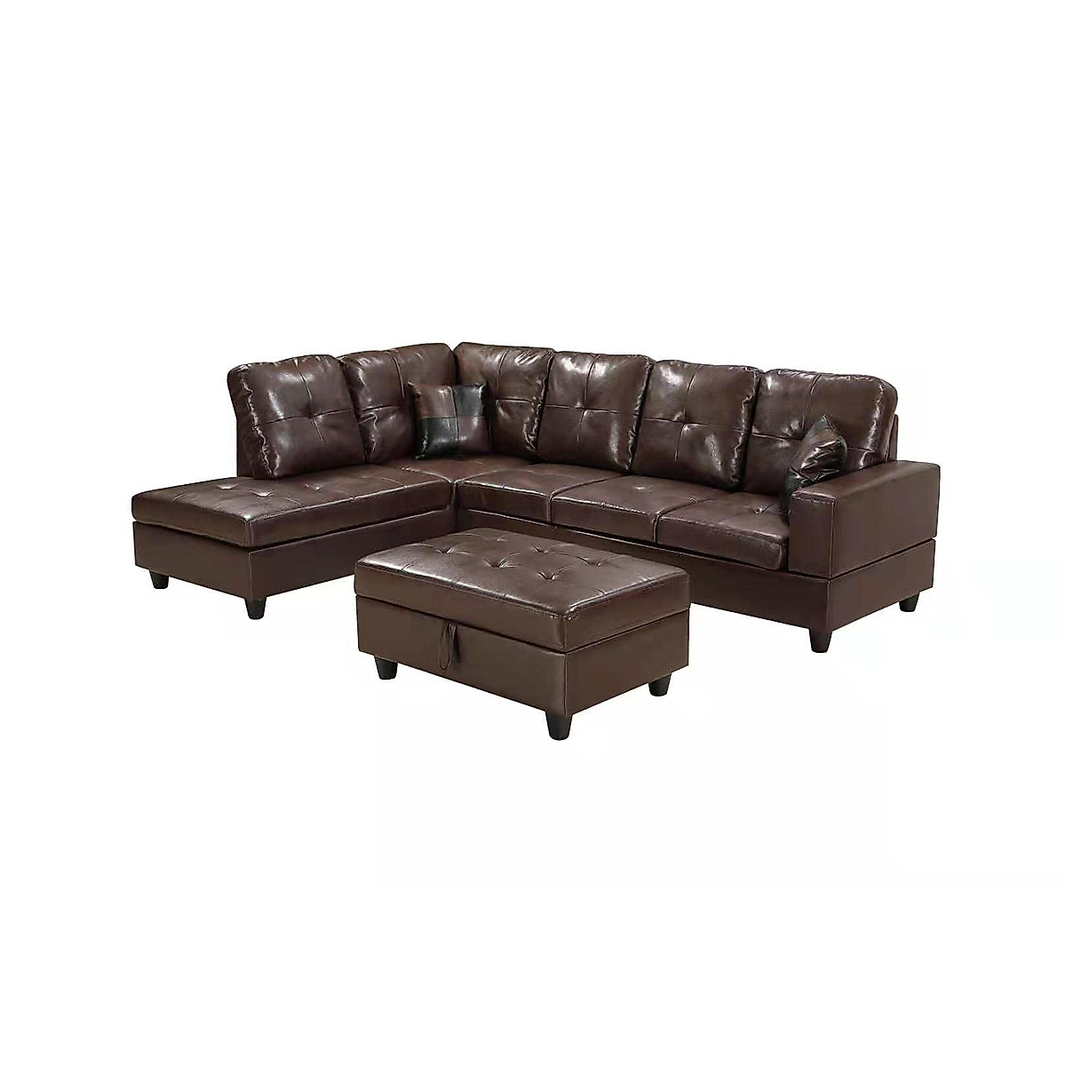 BIADNBZ Sectional PU Faux Leather Sofa L-Shaped Couch with Left Chaise Lounge, Storage Ottoman and 2 Pillows for Living Room Apartment Office, Brown