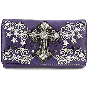 Zelris Western Cross Floral Women Crossbody Wrist Trifold Wallet (Purple)