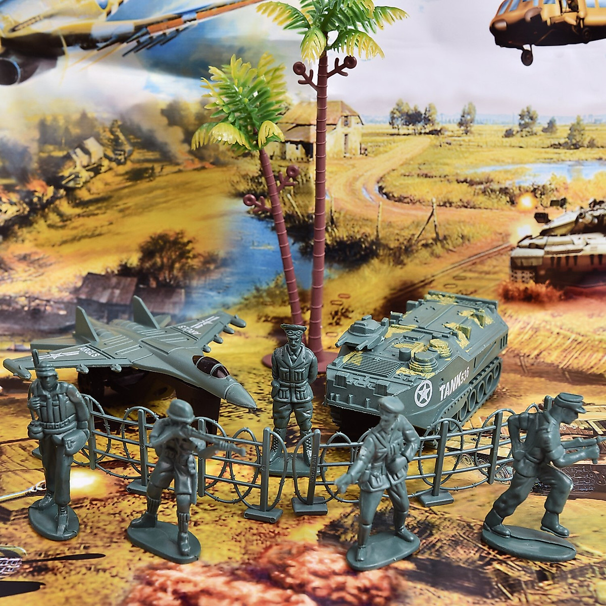 FUN LITTLE TOYS 232 PCs Army Men Action Figures Army Toys of WW 2, Toy Soldiers, Military Playset with a Map, Toy Tanks, Planes, Flags, Soldier Figures, Fences & Accessories Xmas Decoration