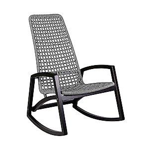 HomeStock Art Deco Dreams Outdoor Patio Rocking Chair in Dark Eucalyptus Wood and Grey Rope