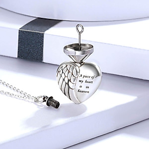 925 Sterling Silver Angel Wing Heart Urn Pendant Necklace For Ashes - A piece of my heart is in heaven Memorial Keepsake Cremation Jewelry (Wing)