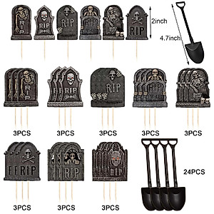 INACORN 48PCS Halloween Cupcake Toppers - Halloween Cake Decorations & Halloween Birthday Party Decorations - Graveyard Tombstone Cupcake Toppers with Novelty Mini Shovel Spoons