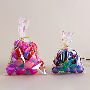 Morepack Iridescent Holographic Cellophane Bags,5x7 Inch 100Pcs Party Favor Treat Bags with 5 Colors Twist Ties for Baby Showers Weddings Birthday Party