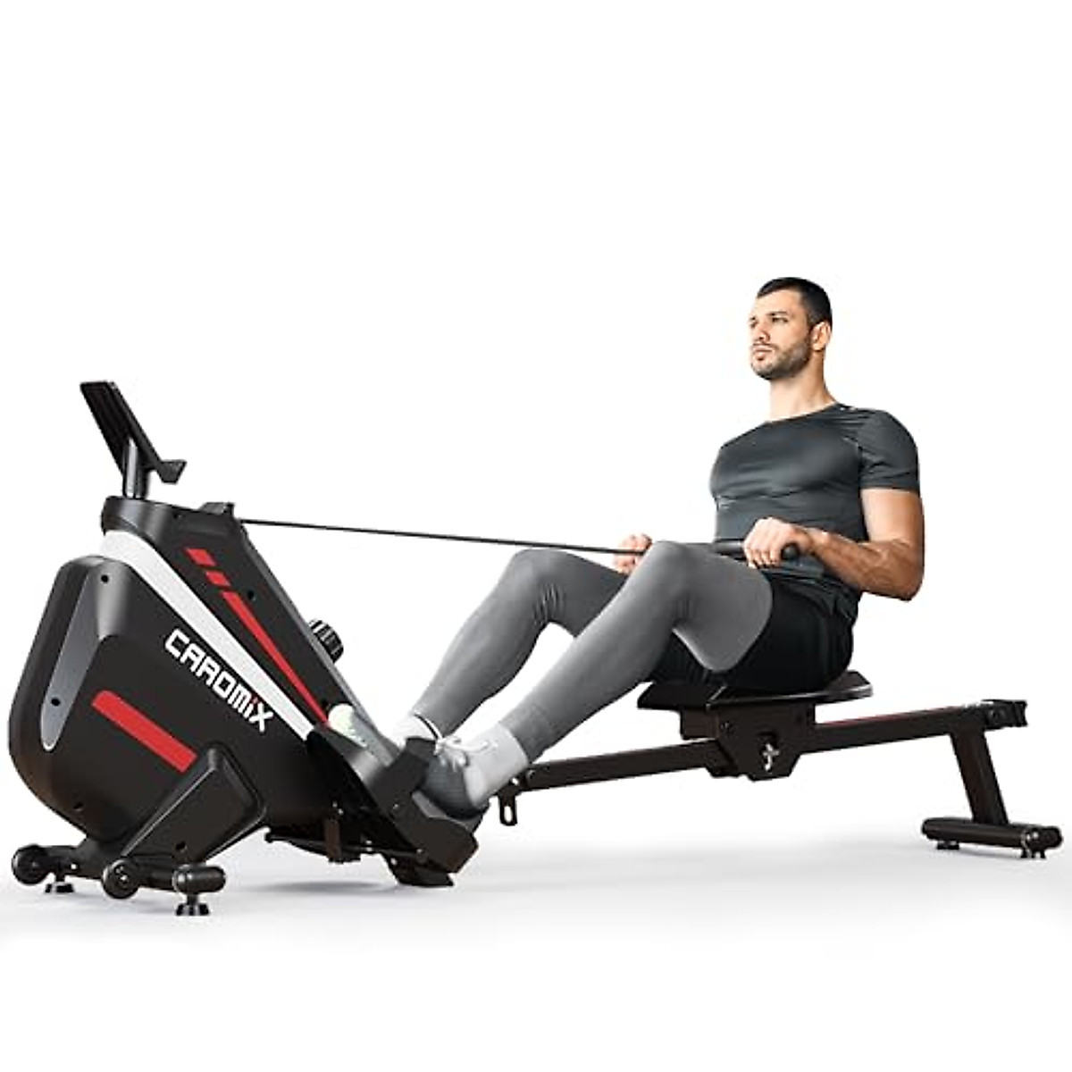 Caromix Rowing Machine Magnetic Row Machine Foldable Rower with 8 Level Adjustable Quiet Magnetic Resistance, Ergonomic Seat & LCD Monitor (Black)