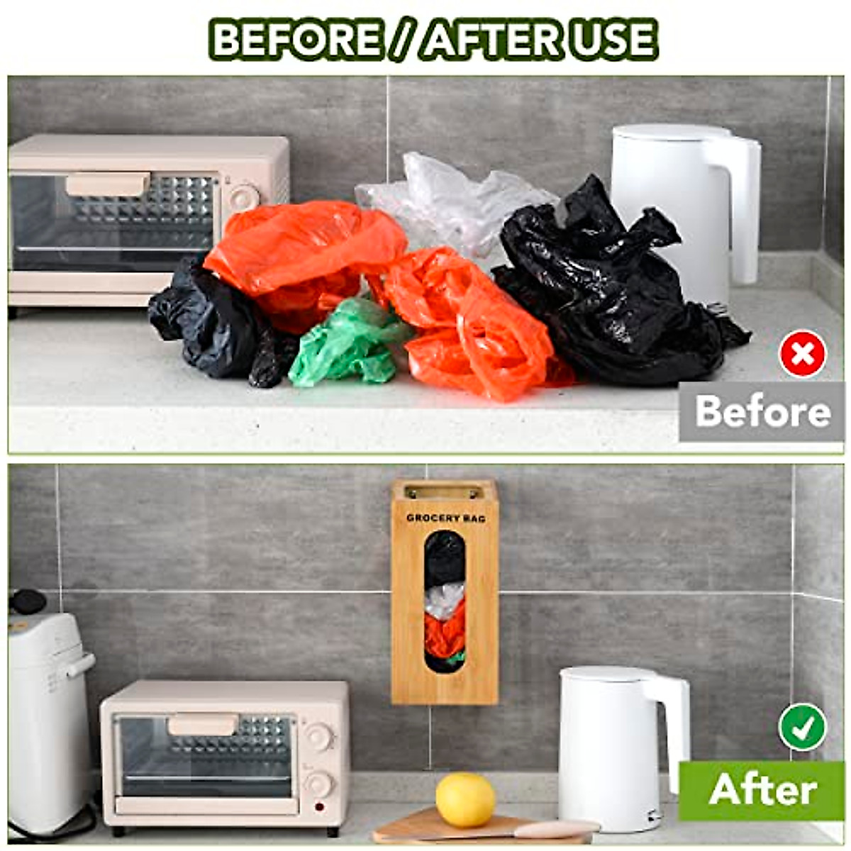 Grocery Bag Dispenser Plastic Bag Holders for Grocery Bags - Bamboo Trash Bag Dispenser, Can Hold 50-60 Used Shopping Bags -Grocery Bag Storage Organizer for Kitchen - Large Opening & Slot - 5"x7"x15”