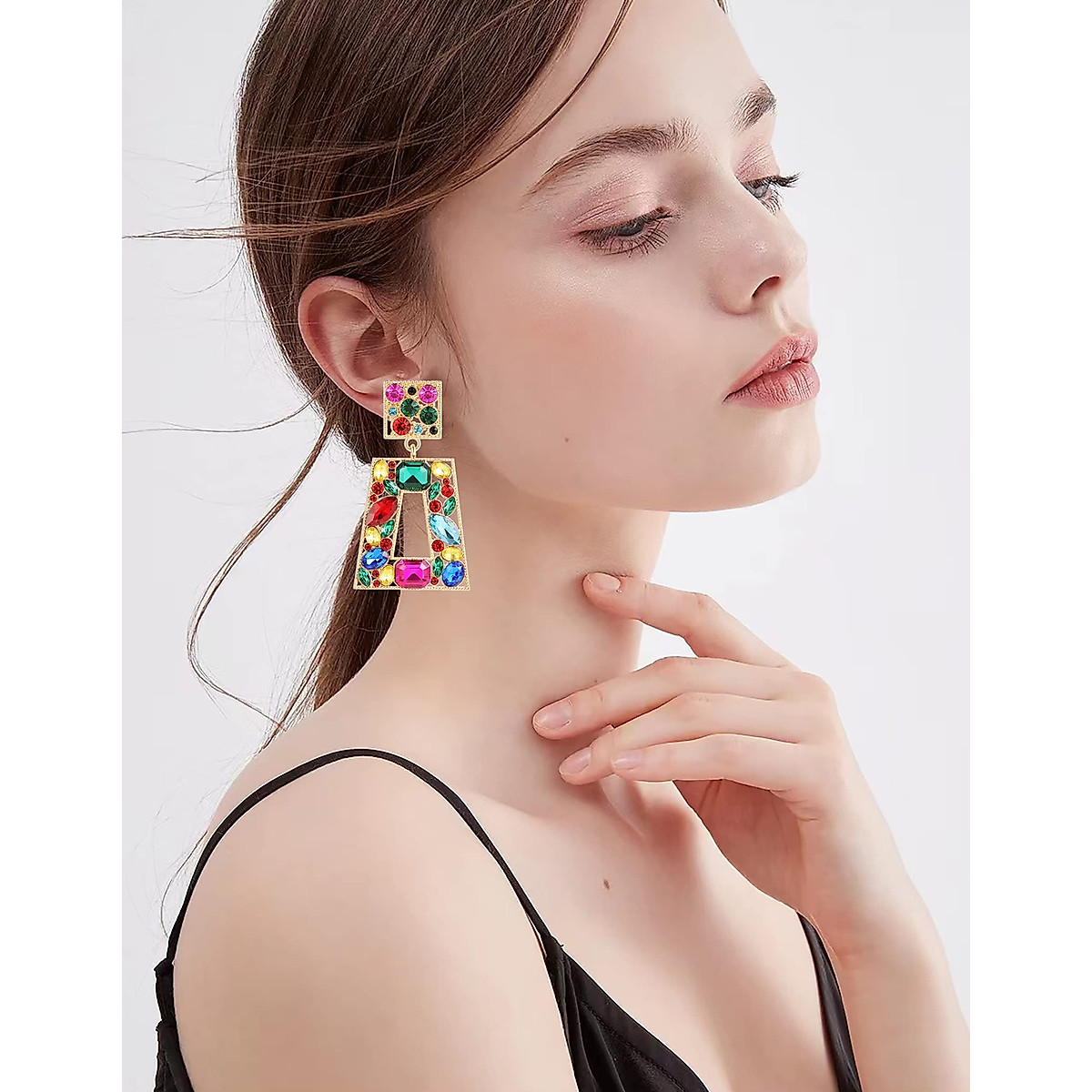 Canboer Colorful Rhinestone Rectangle Dangle Earrings Sparkly Geometric Drop Statement Earrings Hypoallergenic for Women Party Prom