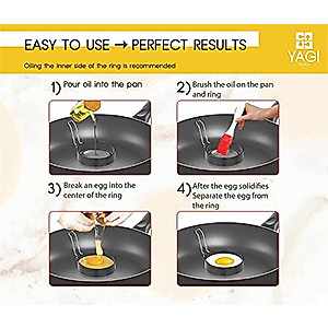 YAGITools Egg Rings Mold- Set of 4 Round Egg Rings for Egg McMuffins - Rust & Leak proof Egg Rings for Frying Eggs - Egg Molds with Foldable Handles + Silicone Basting Brush (3.5 inch), black