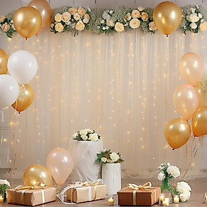 10×10ft Champagne Tulle Backdrop Curtain with Lights String for Parites, Sheer Curtain Backdrop Drapes for Wedding Party Home Decorations