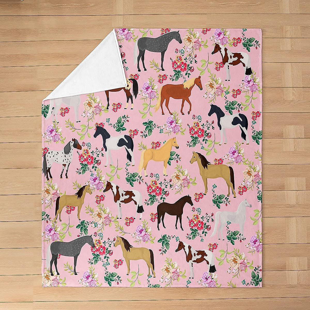 Horse Flannel Fleece Throw Blanket for Sofa Couch Girls Boys Kids 40"x50" Cute Animal Horses Flowers All Season Bed Blanket Room Decorations Horse Lovers Fuzzy Blanket Farmhouse Pink Plush Blanket