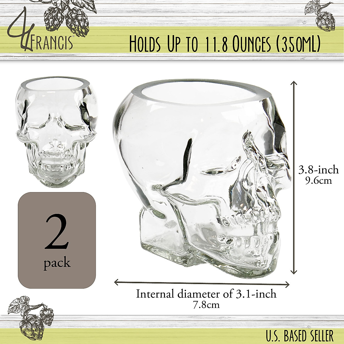 G Francis Crystal Skull Glasses Drinking Set - 2pk 350mL Skeleton Skull Shaped Unique Whiskey Glasses for Wine Cocktails and More