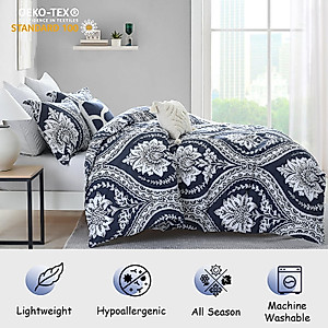 Bedduvit Cotton Duvet Cover Queen - Navy Blue Damask Queen Duvet Cover Set,Breathable Minimalism Damask Patterned Duvet Cover Queen with Zipper Closure & 8 Ties (90"x90", No Comforter)