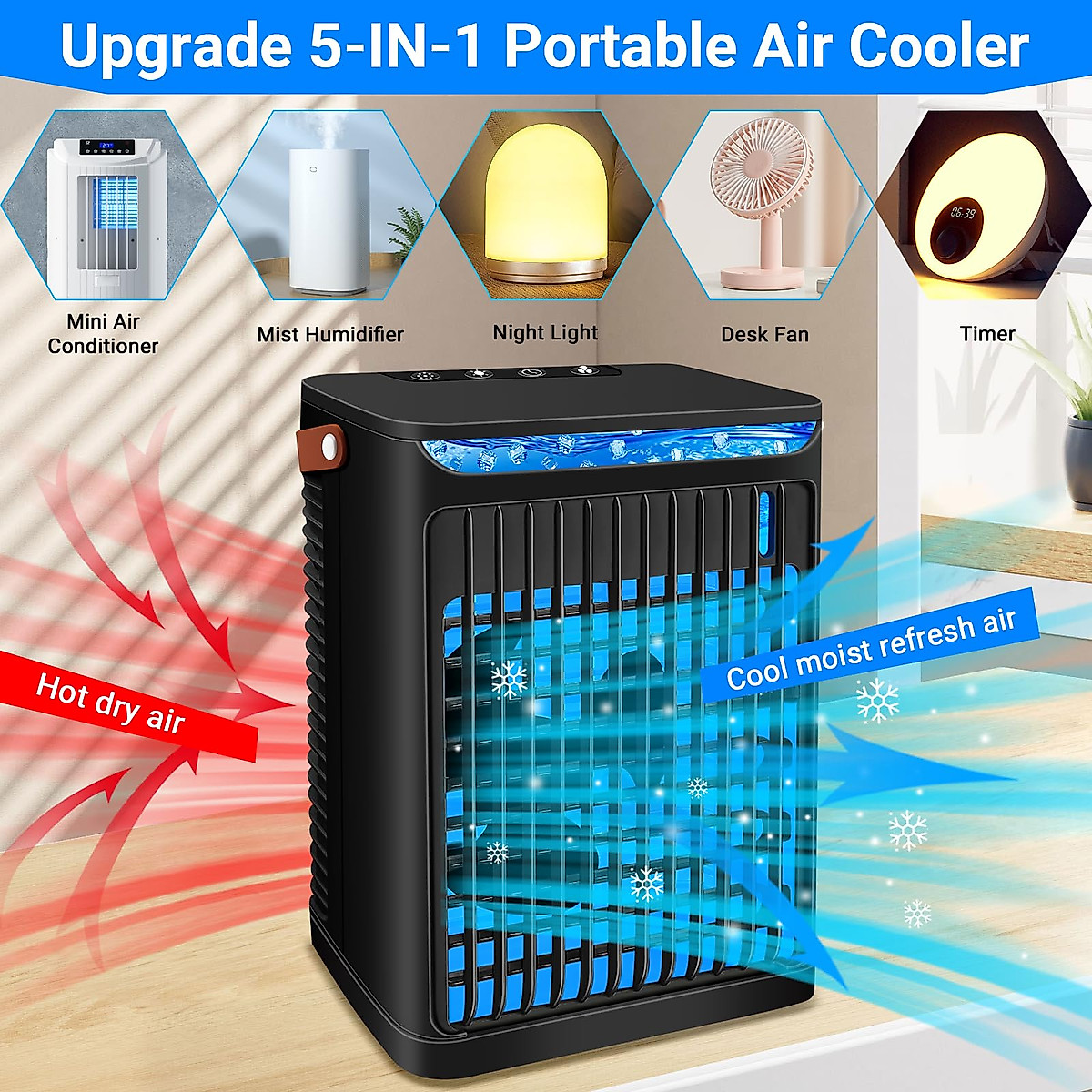 Portable Air Conditioner 5-In-1 AC Evaporative Air Cooler,Mobile Air Cooling Fan with 5 Wind Speeds & 2 Mist,Mini Personal Air Conditioning with Timer & 7 LED lights for Office Desk Bedroom-Black