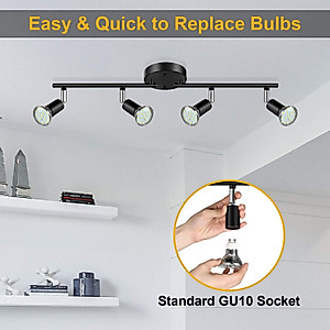 Ascher 4-Light LED Track Lighting Kit, Flexibly Rotatable Light Heads, 4 Way Ceiling Spotlight Black Finish, Including 4 GU10 LED Bulbs (4W 400LM Daylight White 5000K)