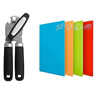 Gorilla Grip Manual Hand Held Can Opener and Flexible Cutting Boards Set of 4, Rust Proof Lid Openers for Kitchen in Black, Durable Food Chopping Boards in Multicolor, 2 Item Bundle