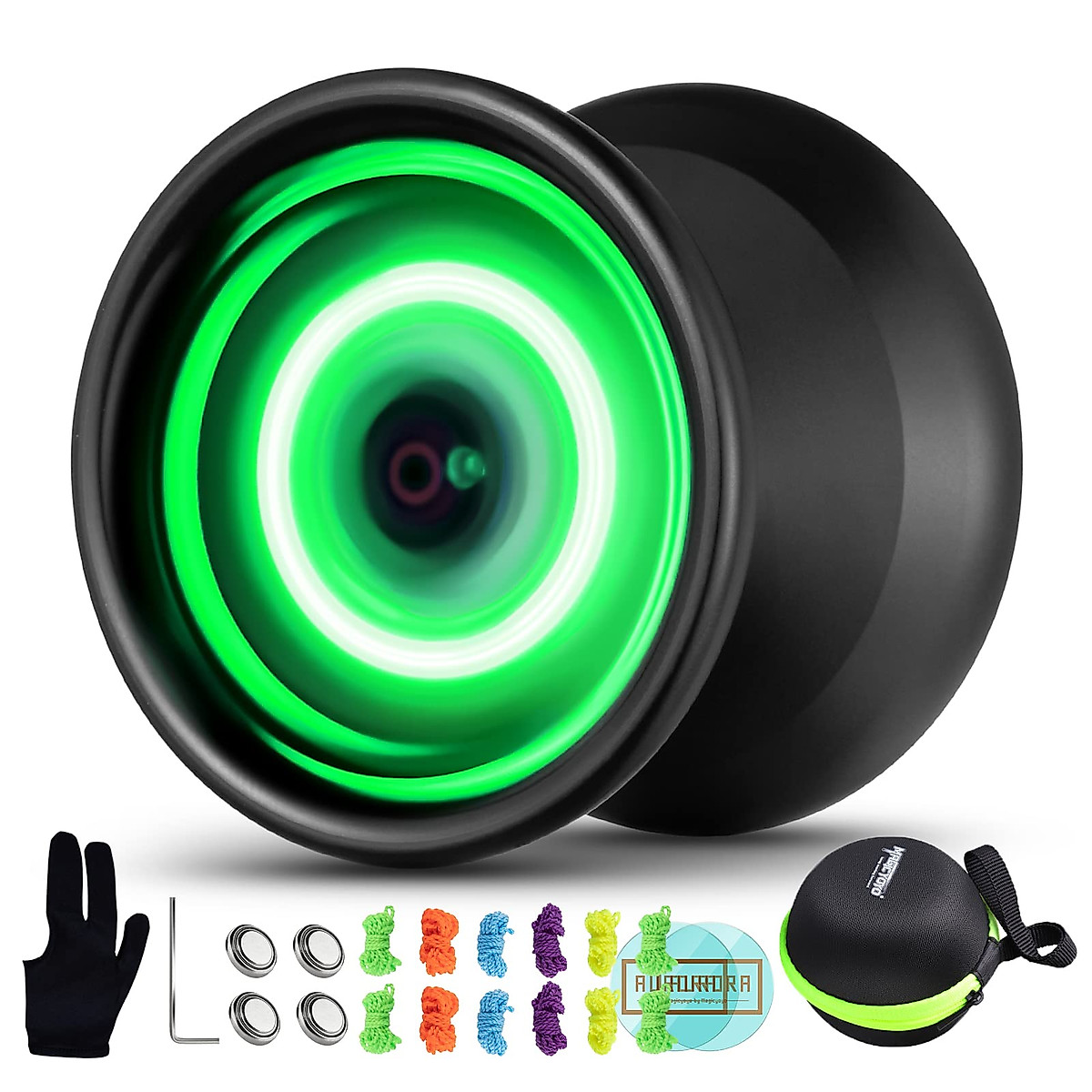 Light Up Yoyo with Extra Battery, MAGICYOYO Y02 Aurora Professional Unresponsive Yoyo with Yoyo Glove, Yoyo Bag, 12 Yoyo Strings - Green Light