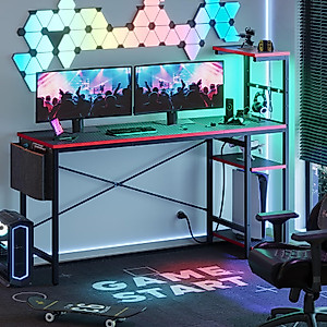 Bestier Gaming Desk with Power Outlets, 61 Inch Large Led Gamer Desk with 4 Tiers Reversible Shelves, PC Gaming Table with Headset Hook & Side Storage Bag for Bedroom (Black 3D Carbon Fiber)