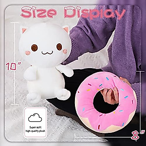 AIXINI Cute Plush Donut Cat Stuffed Animal, Super Soft Kawaii Cat Kitten Plushies for Kids 10inch (White,A)
