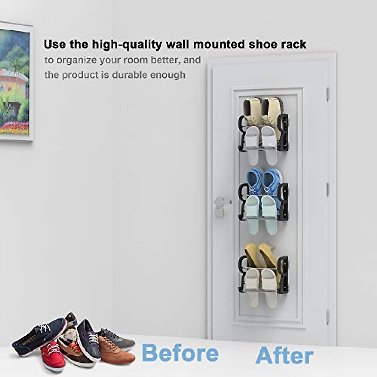 Yocice Wall Mounted Shoes Rack 4Pack/Can Store 4Pairs Sneakers and 4Pairs Slide Sandal,with Sticky Hanging Mounts, Shoes Holder Storage Organizer Shelf,Door Shoe Hangers, Black,SM05-10inch length