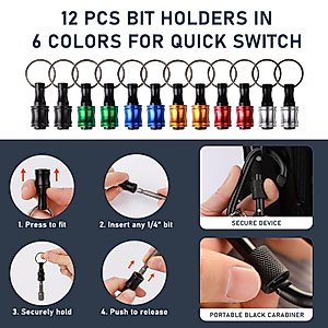 Valkynos Bit Holder Cool Gadgets, Cool Stuff Quick Release Bit Holder, 1/4 Drill Bit Holder Keychain 12Pcs, and 105° Right Angle Drill Attachment for Tight Spaces, 13Pcs Stocking Stuffers for Men Dad