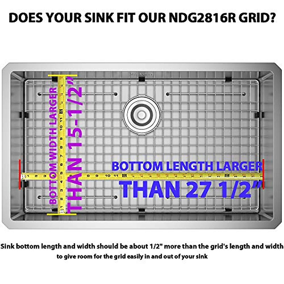 Serene Valley Sink Bottom Grid 27-1/2" x 15-1/2", Rear Drain with Corner Radius 3/16", Kitchen Sink Grid NDG2816R