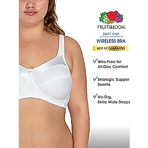 Fruit of the Loom Women's Seamed Soft Cup Wirefree Cotton Bra with Satin Trim, Sand/White, 36C