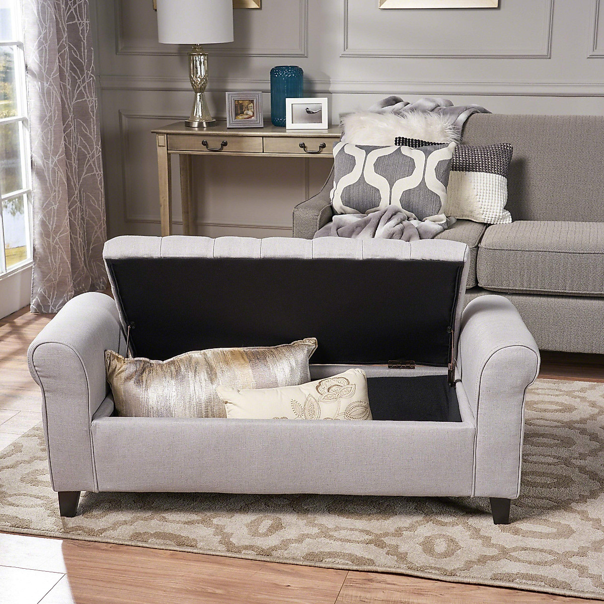 Christopher Knight Home Keiko Fabric Armed Storage Bench, Light Grey