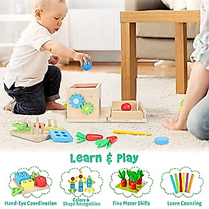 Kizfarm Wooden Montessori Baby Toys, 8-in-1 Wooden Play Kit Includes Object Permanent Box, Coin Box, Carrot Harvest, Shape Sorting & Stacking - Christmas Birthday Gift for Boys Girls Toddlers