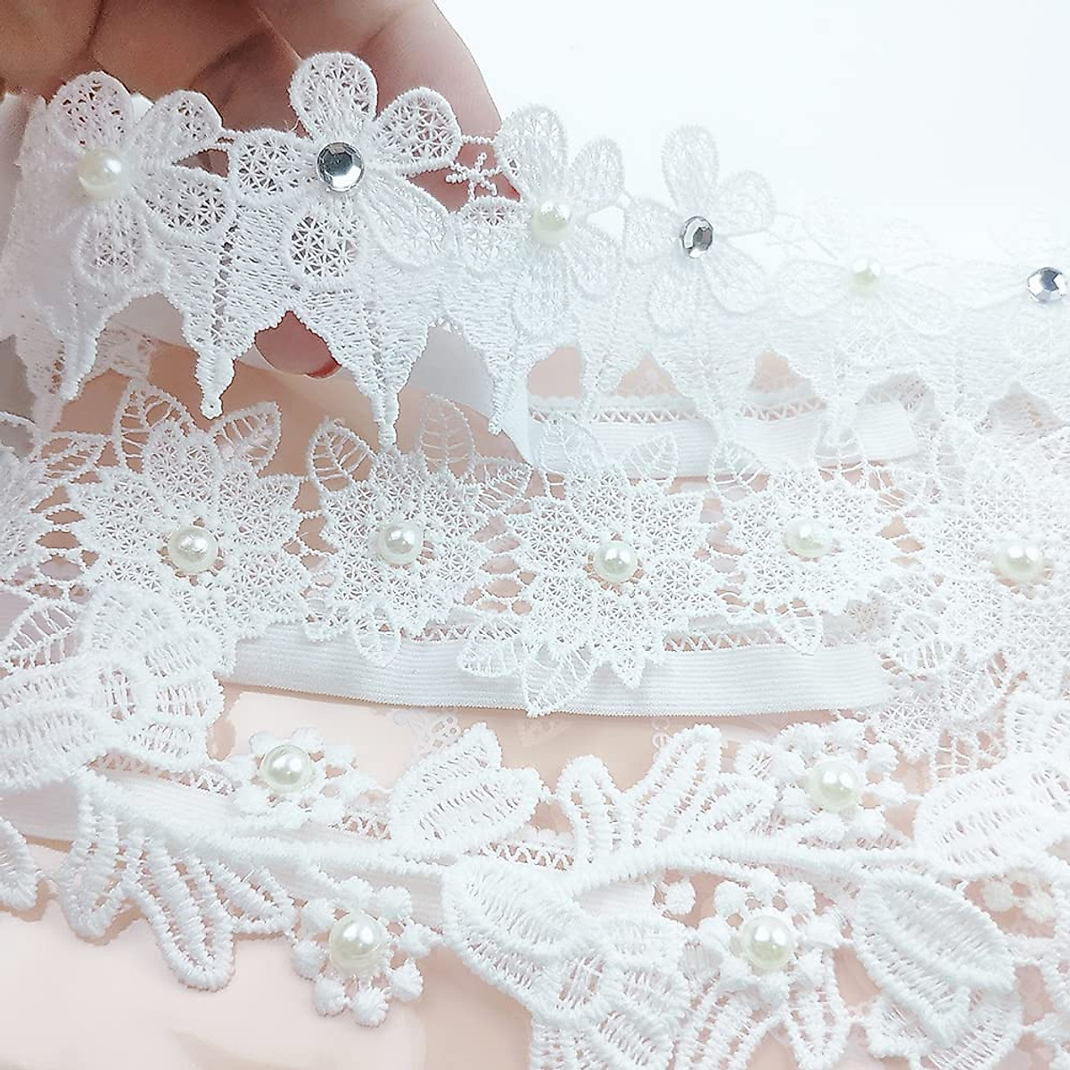 Chiffon Lace Hair Bands For Baby Grils Toddler Flower Lace Accessories Elastic Headband Hand Sewing Beads Hair Bands, Baby Show，Birthdays, Baby Shower,Baby photography, Baby Gifts,0-24 months(white)