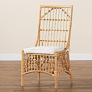 Baxton Studio Rose Dining Chair Dining Chair White Fabric Upholstered and Natural Brown Rattan Dining Chair