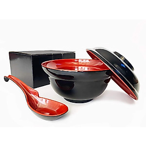 JapanBargain, Soup Bowl with Lid and Spoon for Miso Soup Rice Poke Donburi Noodle Pasta Cereal Black and Red Color Japanese Style with Hook Spoon, 21 oz (1, 21oz w/Gift Box)