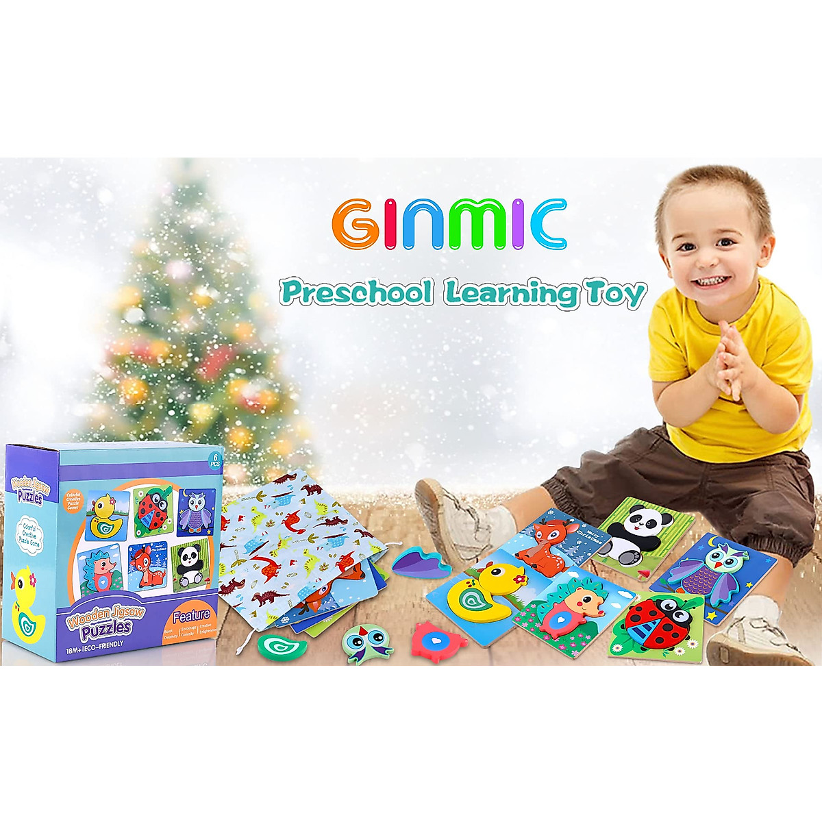 GINMIC Wooden Puzzles for Toddlers, Boys & Girls Educational Preschool Toys Gift with 6 Animals Patterns, Puzzles for 3 Year olds.