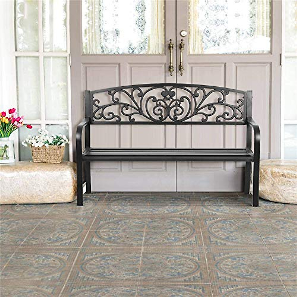 Patio Park Garden Bench, 50" Outdoor Bench Metal Bench with Powder Coated Iron Metal Frame & Floral Ivy Design Backrest, 400lbs Sturdy Steel Frame Furniture for Yard Porch Entryway Lawn Decor Deck