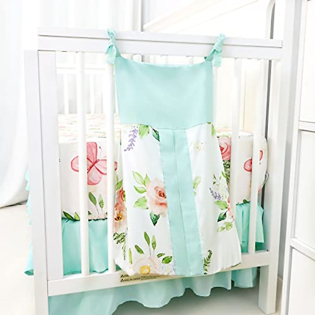CARUILI 4-Piece Crib Bedding Set, Baby Girl Crib Bedding Set Butterflies Floral Nursery Bedding Set Includes Comforter, Fitted Crib Sheet, Crib Skirt, and Diaper Stacker, Green & Pink